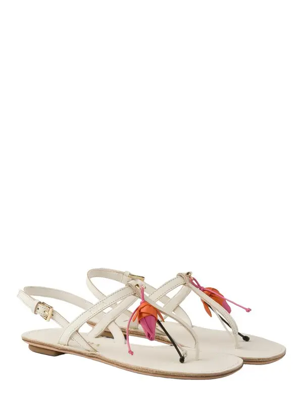 Prada Antiqued Leather Thong Sandals With Floral Ornament - Neutral