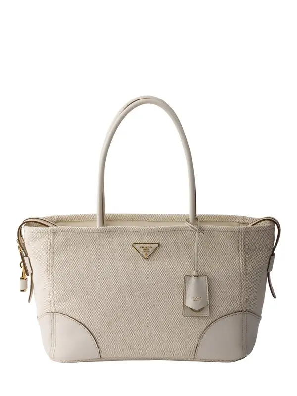Prada Large Linen Blend And Leather Tote Bag - Neutral