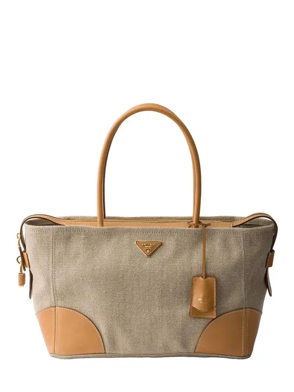 Prada Large Linen And Leather Tote Bag - Neutral