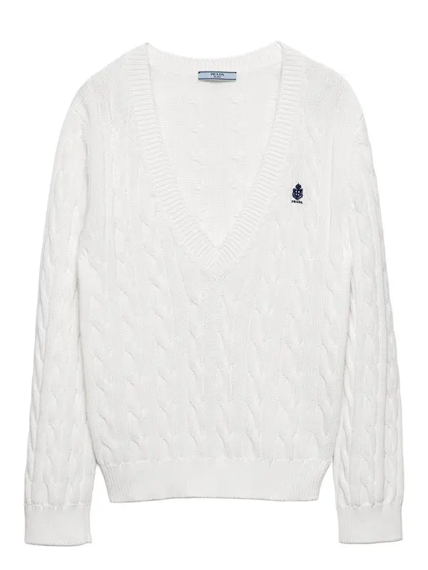 Prada Cable-knit V-neck Cotton Sweater - White