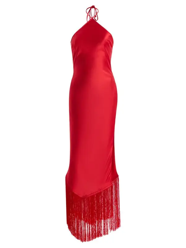 THE NEW ARRIVALS ILKYAZ OZEL Exclusive Blânca Fringed Satin Midi Halter Dress - Red