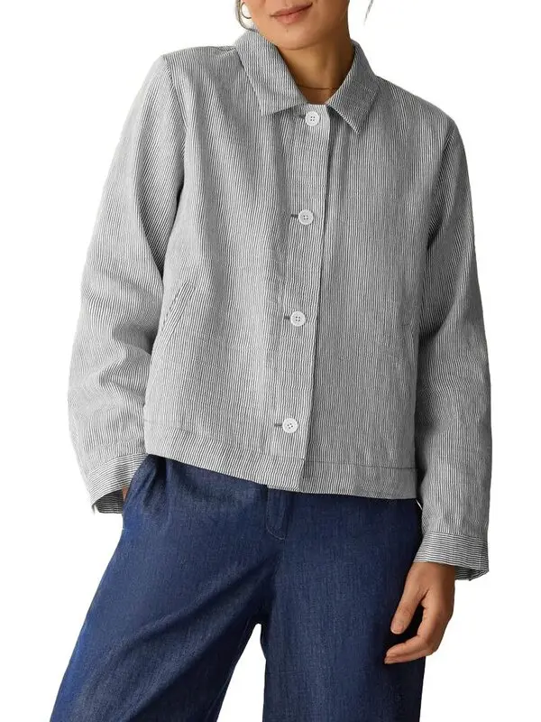 Eileen Fisher Classic Collar Striped Linen Blend A-line Jacket - Wren