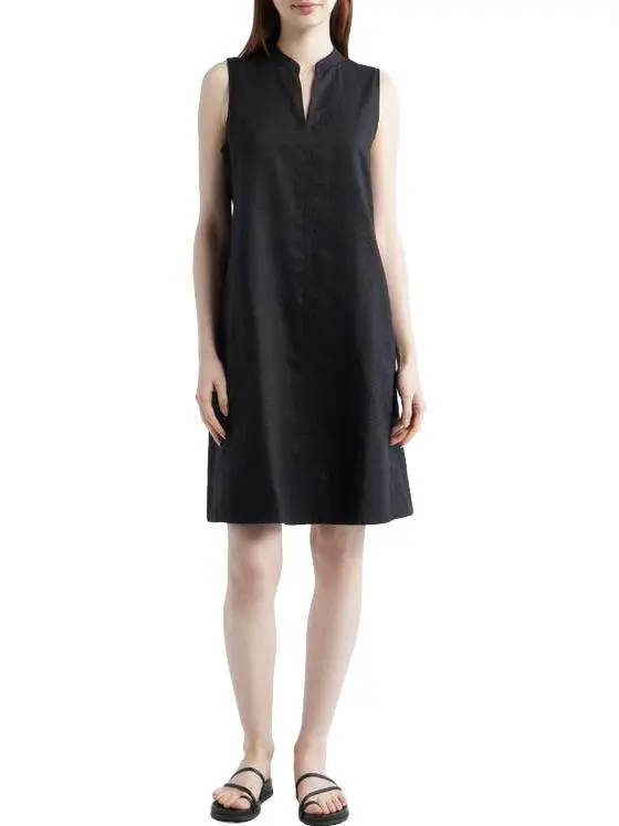 Eileen Fisher Split Neck Organic Linen Shift Dress - Black
