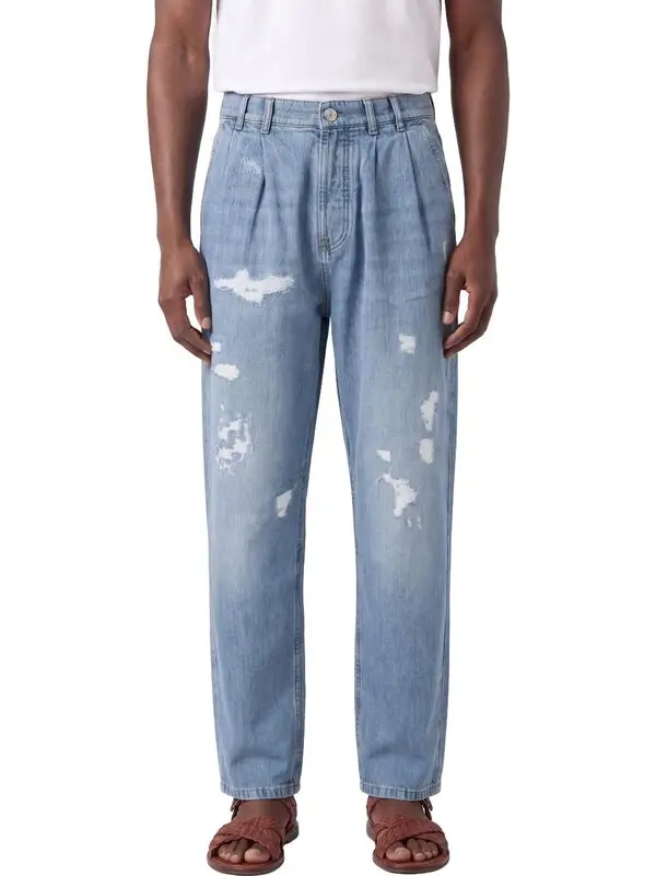 Brunello Cucinelli Light Wash Distressed Pleated Jeans - Denim