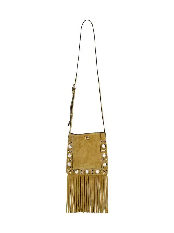 Valentino Garavani Suede Crossbody Bag With Fringe And Studs - Beige