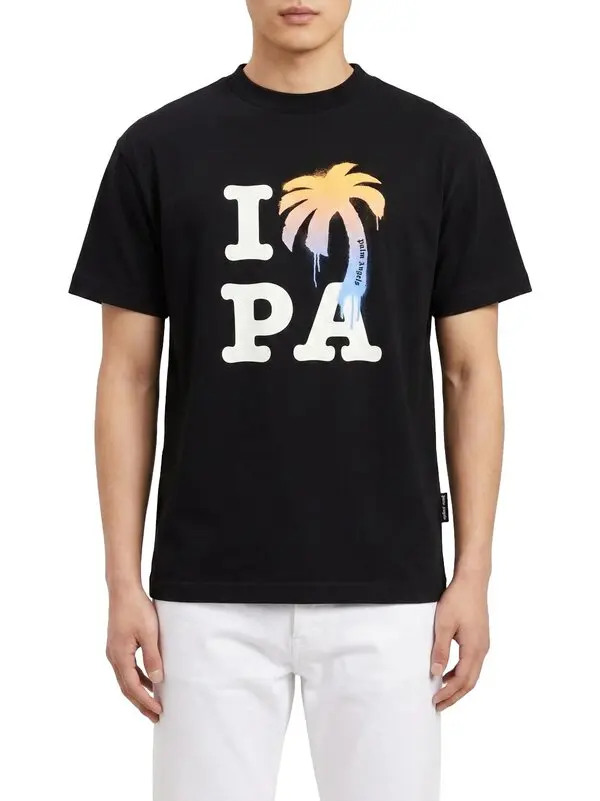 Palm Angels Cotton Crewneck T-shirt With Logo Print - Black
