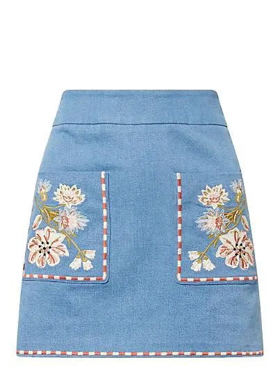 Veronica Beard Pallas Embroidered Denim Mini Skirt - Sea Glare