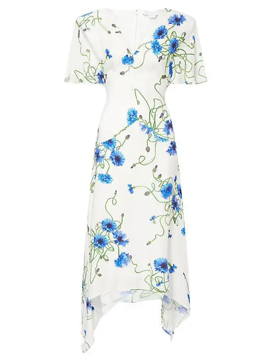 Stella McCartney V-neck Floral Woven Midi Dress - Cornflower