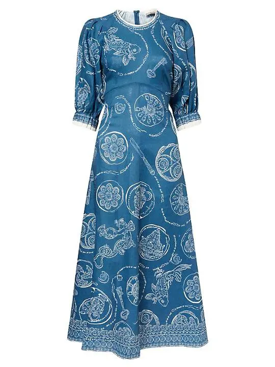 ALEMAIS Graphic Pattern Linen Midi Dress - Blue