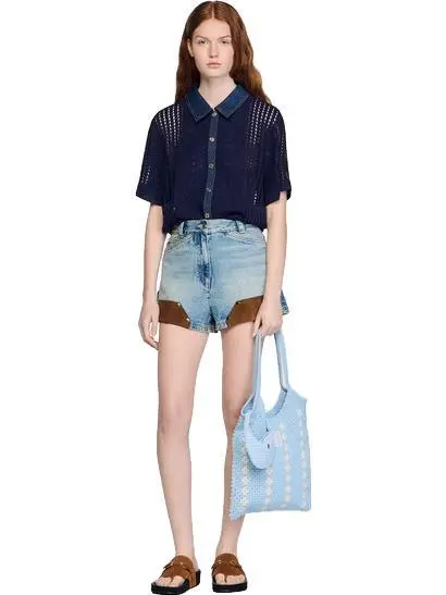 Sandro Crochet Knit Top With Denim Trim - Blue / Navy