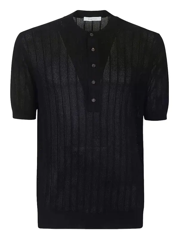 CRUCIANI Pointelle-knit Buttoned Short-sleeve Sweater - Black