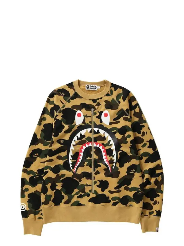 A BATHING APE 1st Camo Metal Zip Shark Crewneck Sweatshirt - Yellow