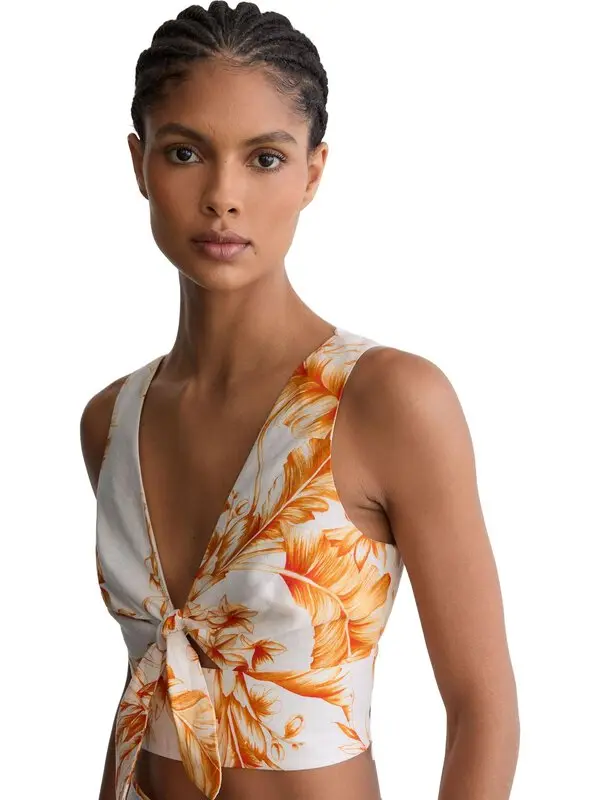 REISS Milly Linen Floral Print Top - Ivory/orange