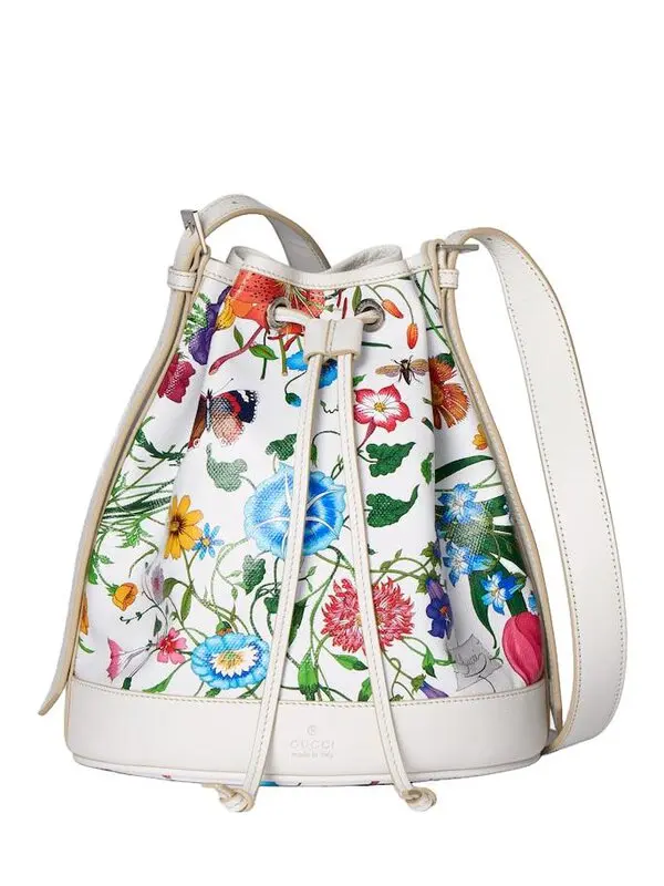 Gucci Small Bucket Bag In Flora Coated Canvas - White