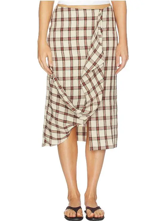 RÓHE Draped Check Linen Midi Skirt - Red Table Check