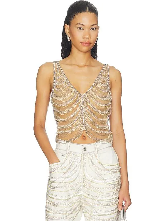 Lapointe Draped Crystal Embroidery V Neck Tank - Silver