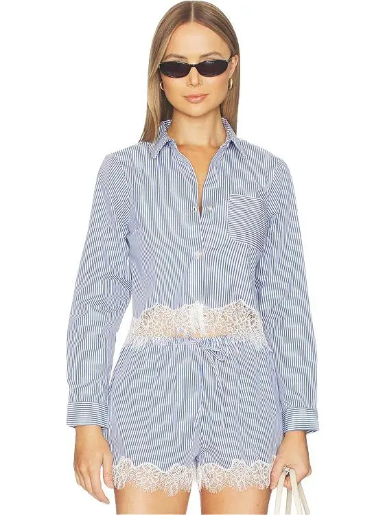 Cami Nyc Cropped Button Down Shirt With Lace Trim - Blue Stripe