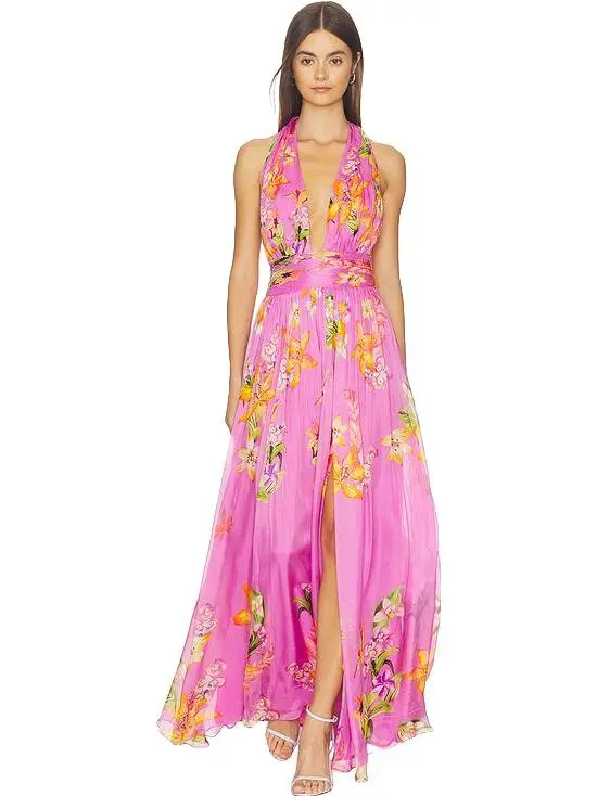 Rococo Sand Halterneck Maxi Dress With Plunging Neckline - Pink