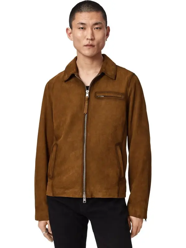 ALLSAINTS Ashwood Long Sleeve Suede Jacket - Tan Brown