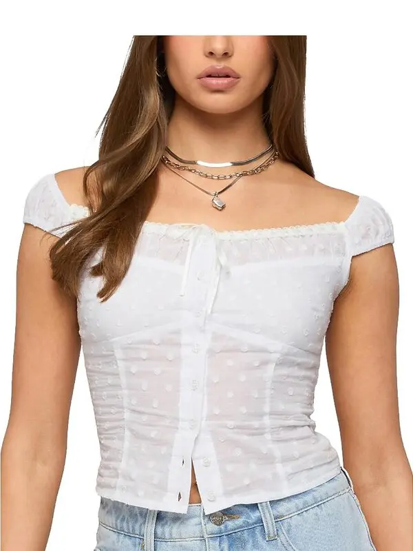 EDIKTED Laura Off Shoulder Dotted Cotton Top - White