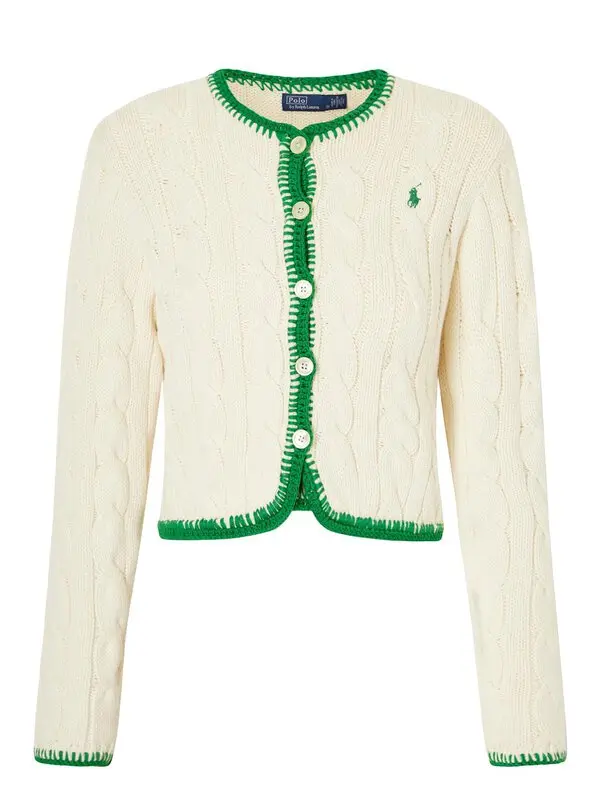 Polo Ralph Lauren Embroidered Cable-knit Cotton-blend Cardigan - Neutrals