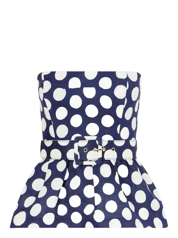 Cara Cara Tilda Strapless Belted Peplum Polka Dot Linen Top - Blue