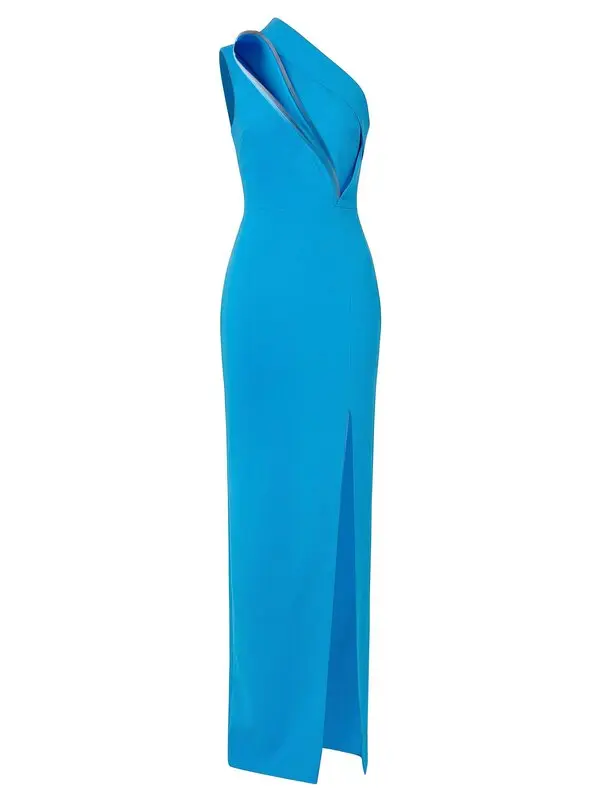 GRETA CONSTANTINE One-shoulder Cady Maxi Dress With Mesh Inset - Blue