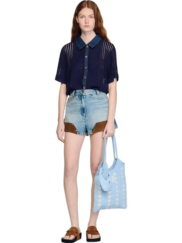Sandro Crochet-effect Knit Top With Denim Trim - Navy Blue