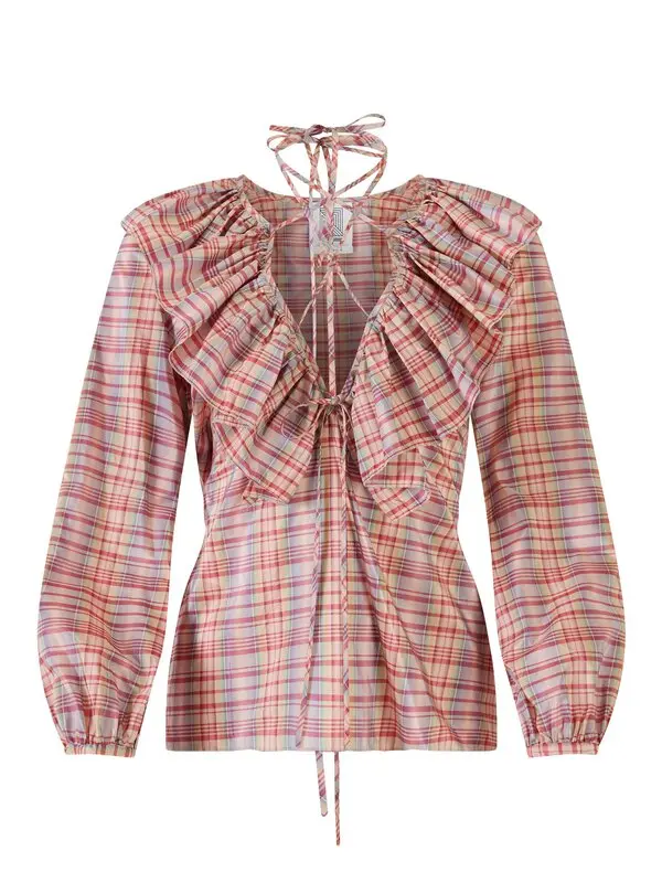 Rosie Assoulin Lion' Mane Plaid Silk Taffeta Top - Pink Plaid