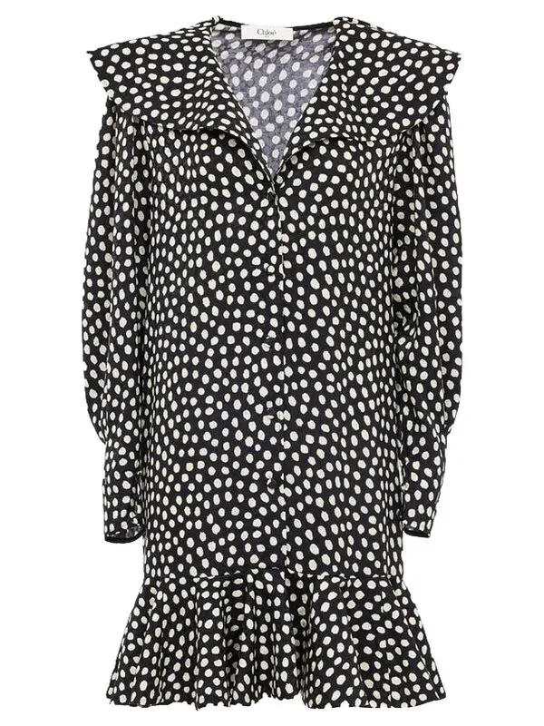 Chloé Polka Dot Ruffle Silk Dress - Black/white