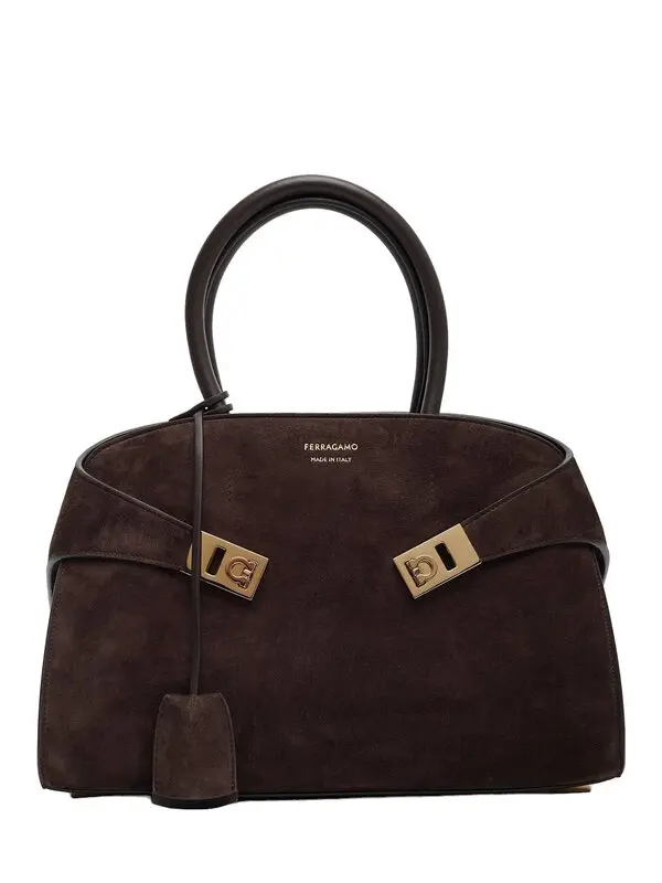 FERRAGAMO Hug Small Suede Top Handle Bag - Brown