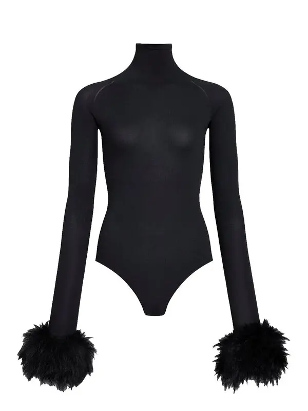 Alaïa Knitted Bodysuit With Fur Cuffs - Black