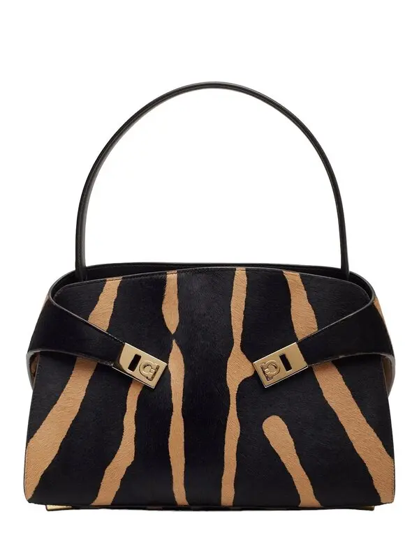 FERRAGAMO Hug Small Zebra Print Shoulder Bag - Black/brown