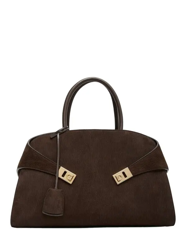 FERRAGAMO Hug M Suede Top Handle Bag - Brown