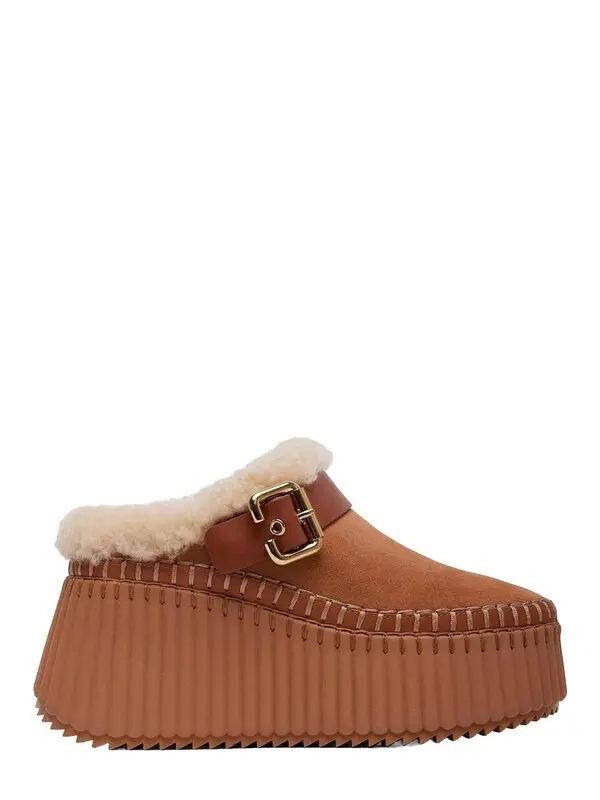Chloé Nama Shearling Wedge Mules - Brown