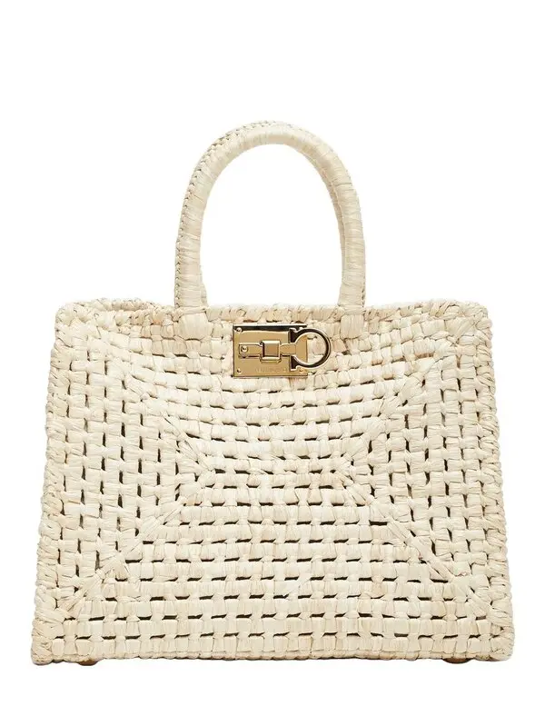 FERRAGAMO The Studio Small Raffia Top Handle Bag - Beige