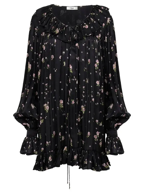 Chloé Gathered Mini Silk Dress - Black