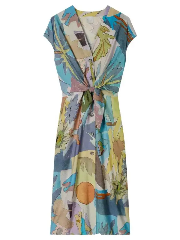 Paul Smith River Collage Graphic-print Tie-front Dress - Neutrals