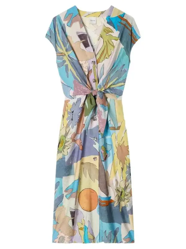 Paul Smith River Collage Graphic-print Tie-front Dress - Neutrals