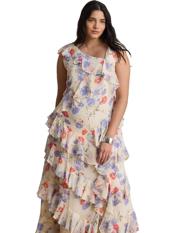 Ralph Lauren Floral Ruffle-trim Georgette Gown - Cream Multi