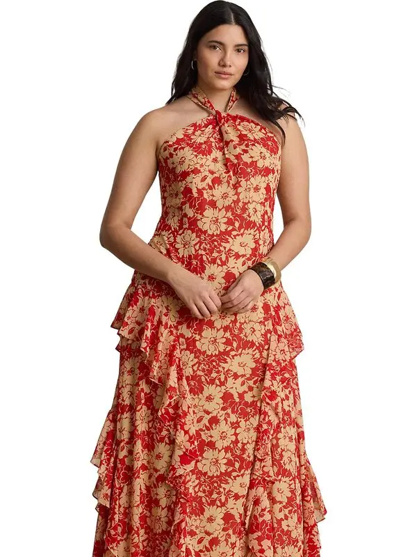 Ralph Lauren Floral Ruffle-trimmed Halter Gown - Red/tan