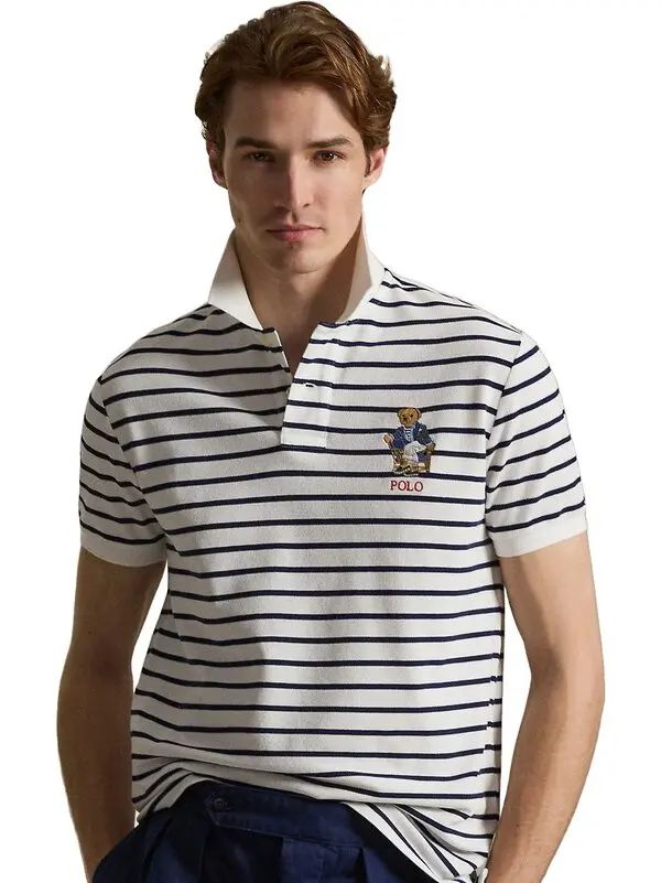 Ralph Lauren Custom Slim Fit Polo Bear Striped Polo Shirt - Newport Bear White
