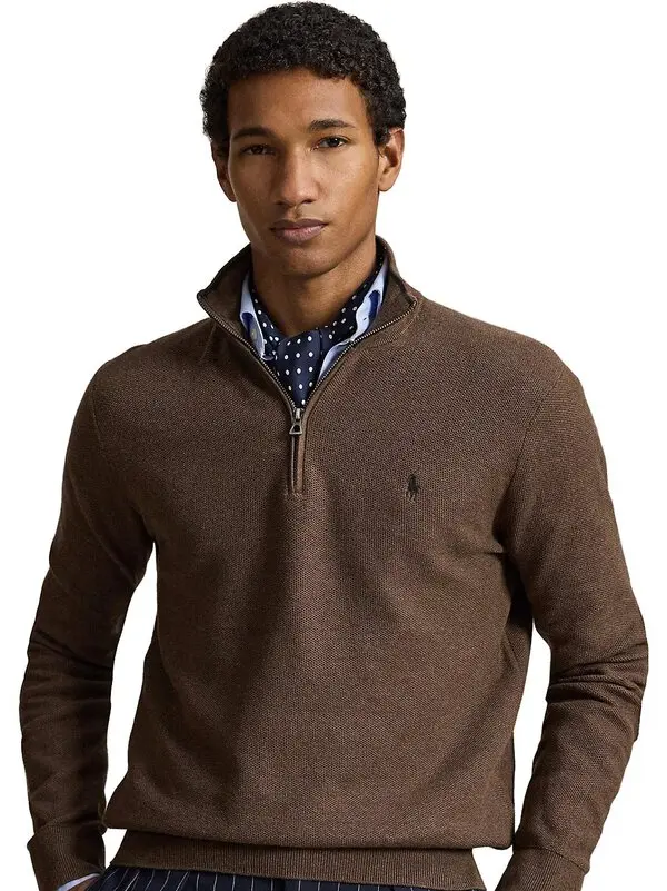 Ralph Lauren Mesh-knit Cotton Quarter-zip Sweater - Nutmeg Brown Heather