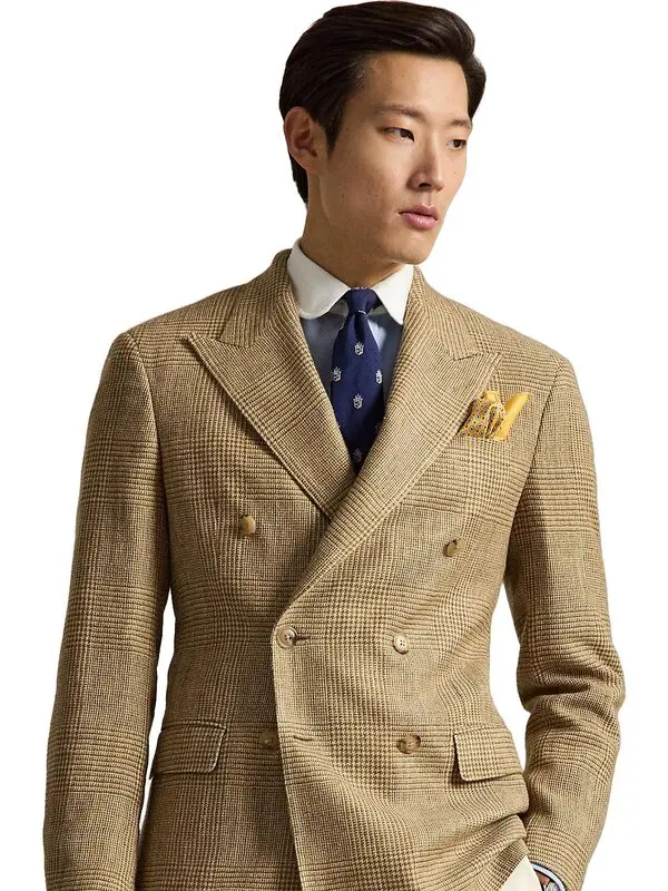 Ralph Lauren Double-breasted Glen Plaid Summer Tweed Jacket - Brown/tan