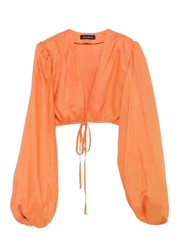 ACTUALEE Tie-fastening Puff-sleeve Top - Orange