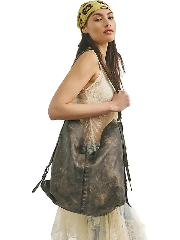 Free People We The Free Dallas Leather Tote Bag - Black Distressed