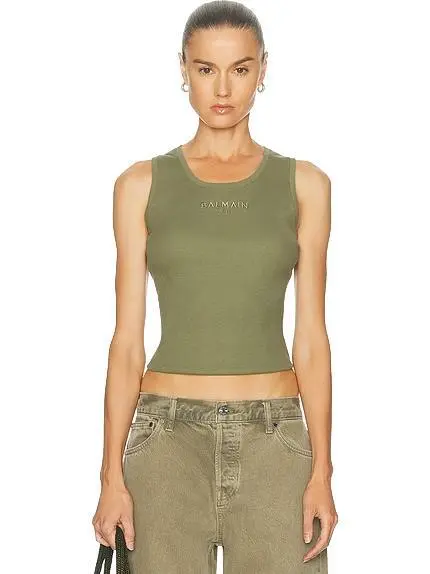 Balmain Small Paris Embroidered Jersey Tank Top - Vert