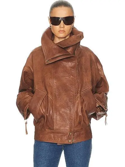 Balmain High Collar Lambskin Blouson - Marron