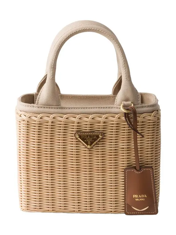 Prada Wicker And Canvas Tote Bag - Tan