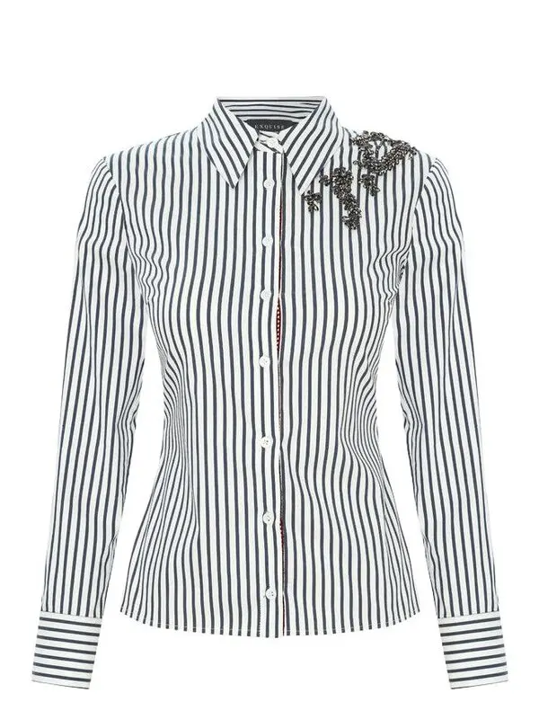 EXQUISE Slim Embroidered Striped Albina Shirt - Blue